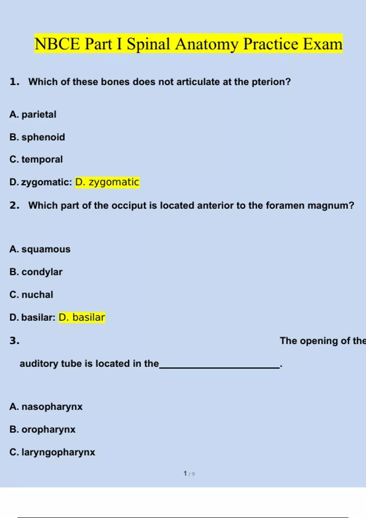 NBCE Part I Spinal Anatomy Practice Exam Questions and Answers (2024 / ...