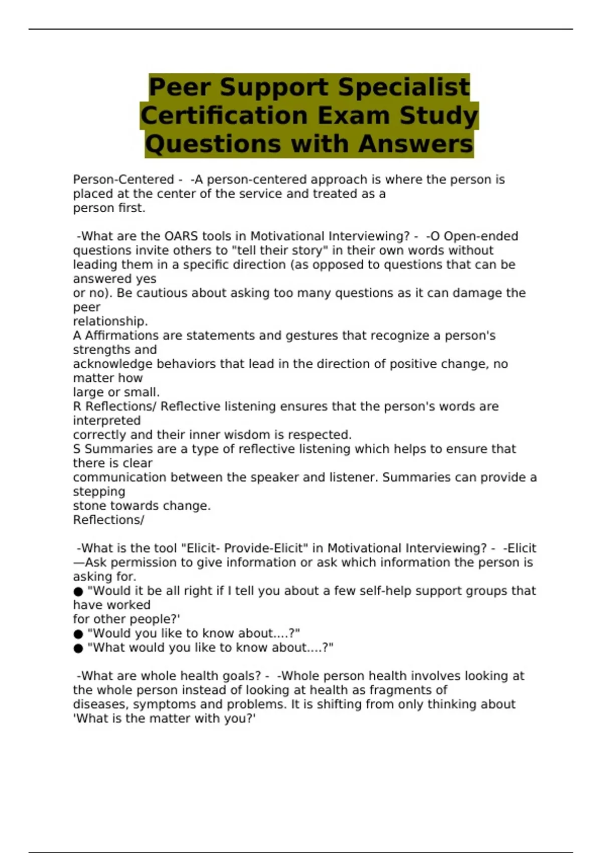 Peer Support Specialist Exams - Stuvia US