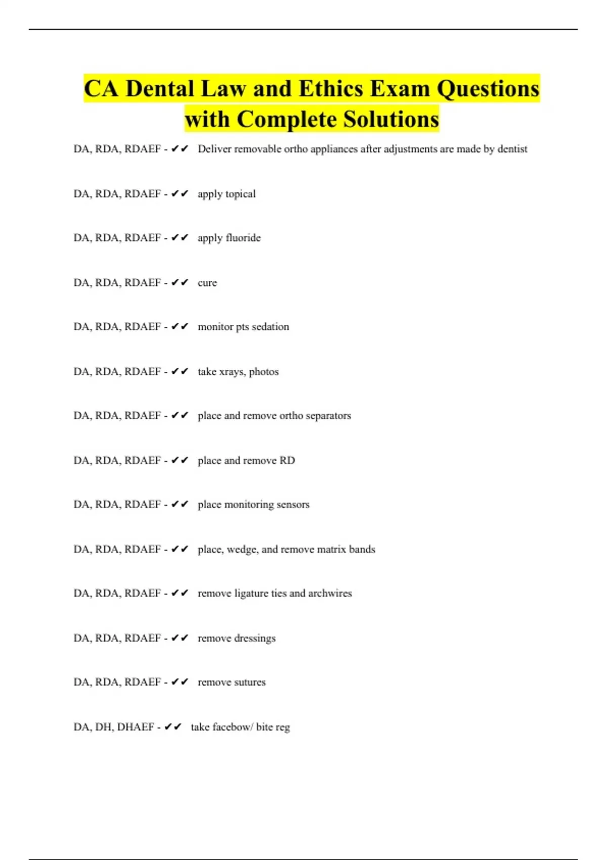 CA Dental Law and Ethics Exam Questions with Complete Solutions - CA ...