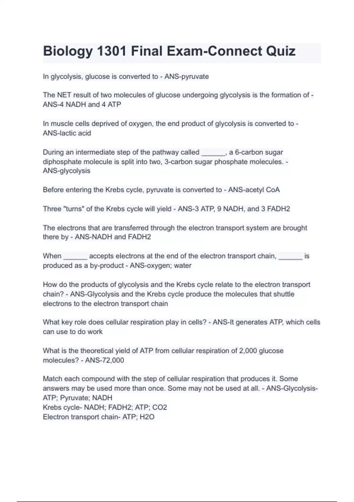 Biology 1301 Final Exam-Connect Quiz - Biology 1301 - Stuvia US