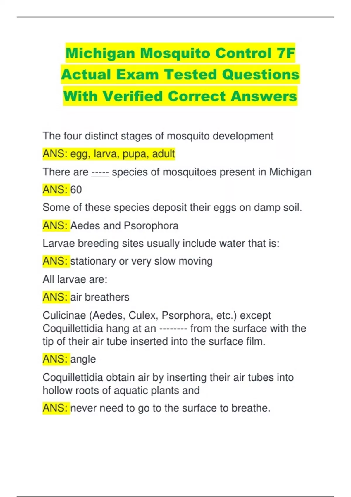 Michigan Mosquito Control 7F Actual Exam Tested Questions With Verified ...