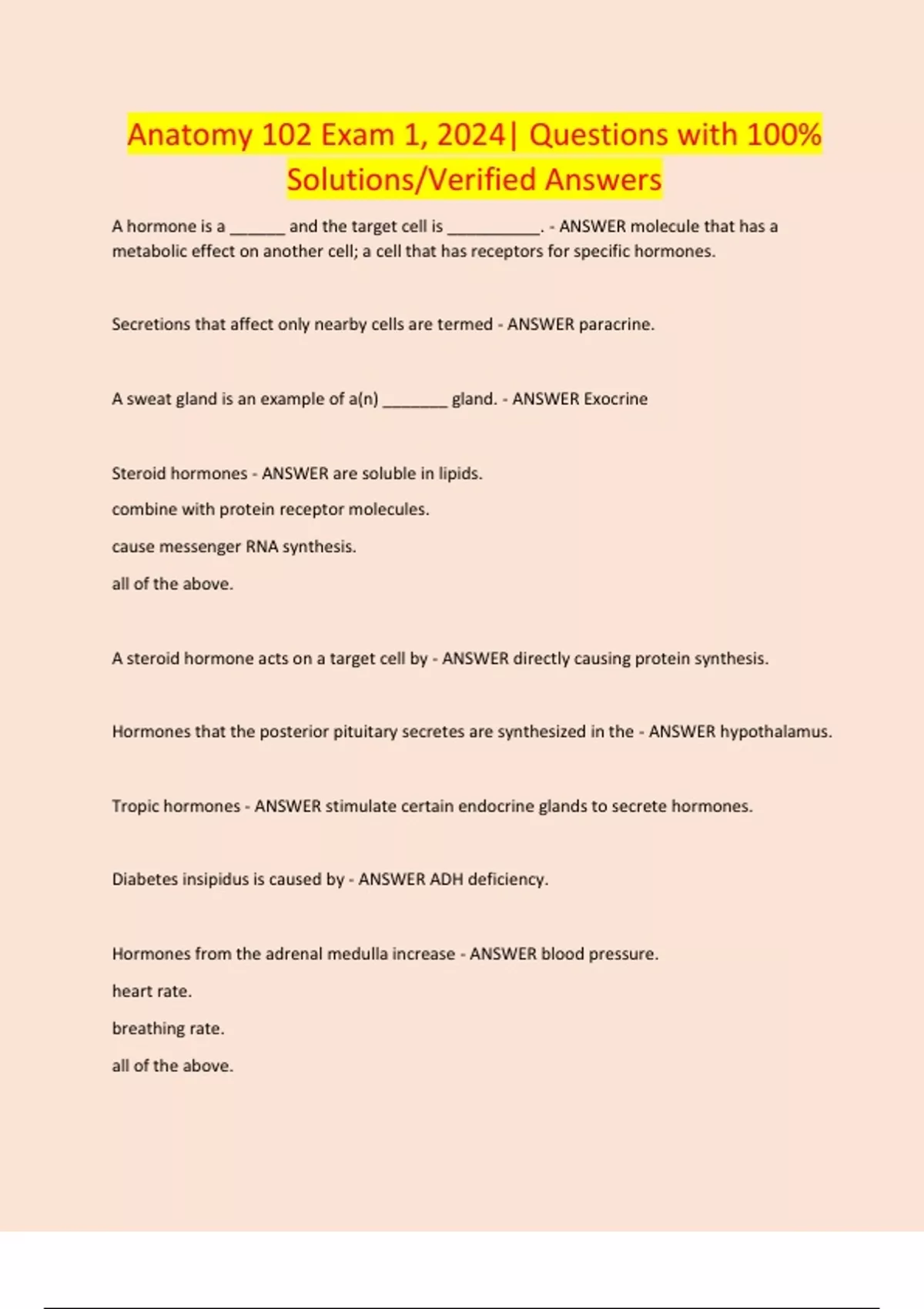 Anatomy 102 Exam 1, 2024| Questions with 100% Solutions/Verified ...