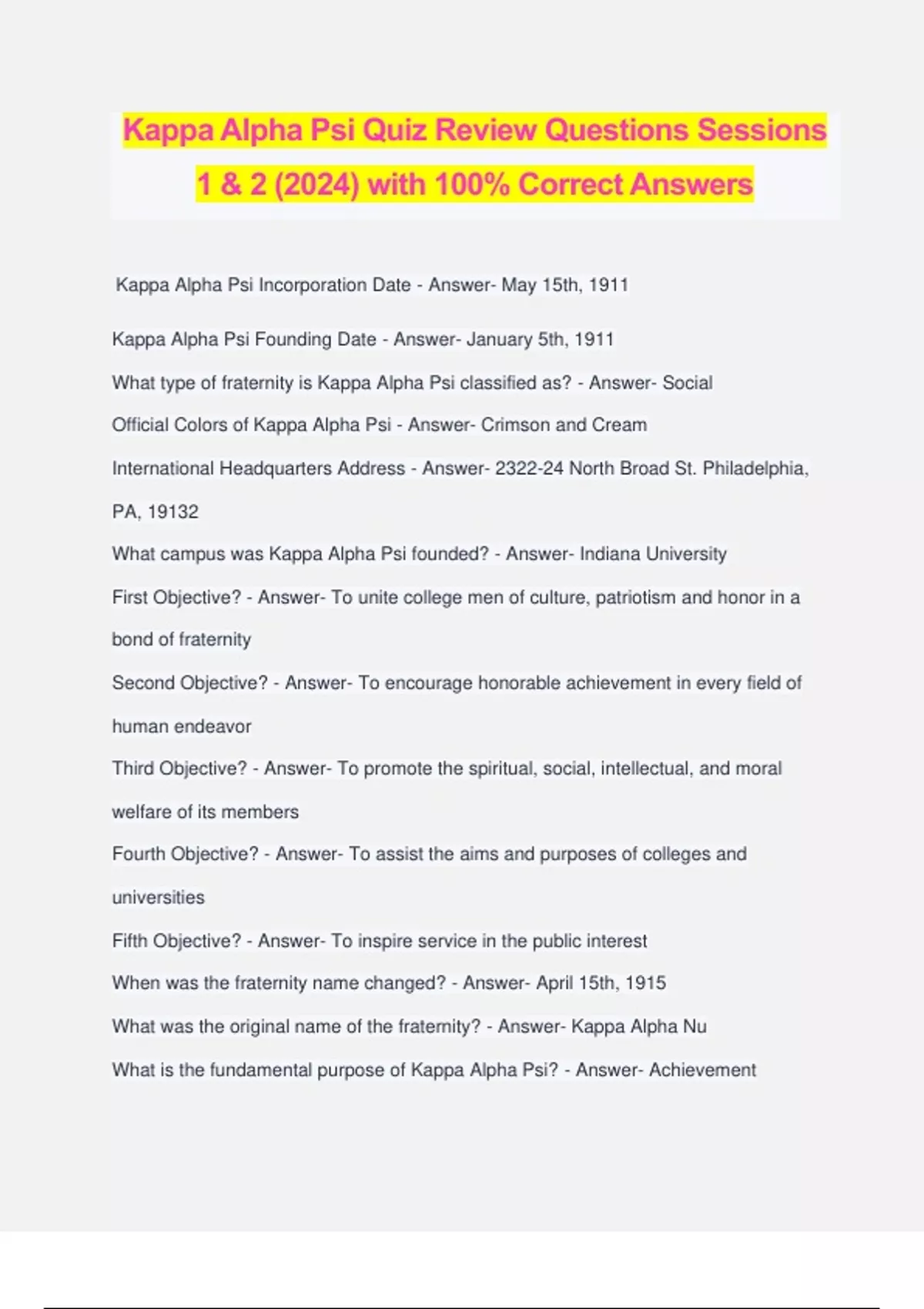 Kappa Alpha Psi Quiz Review Questions Sessions 1 & 2 (2024) with 100% ...