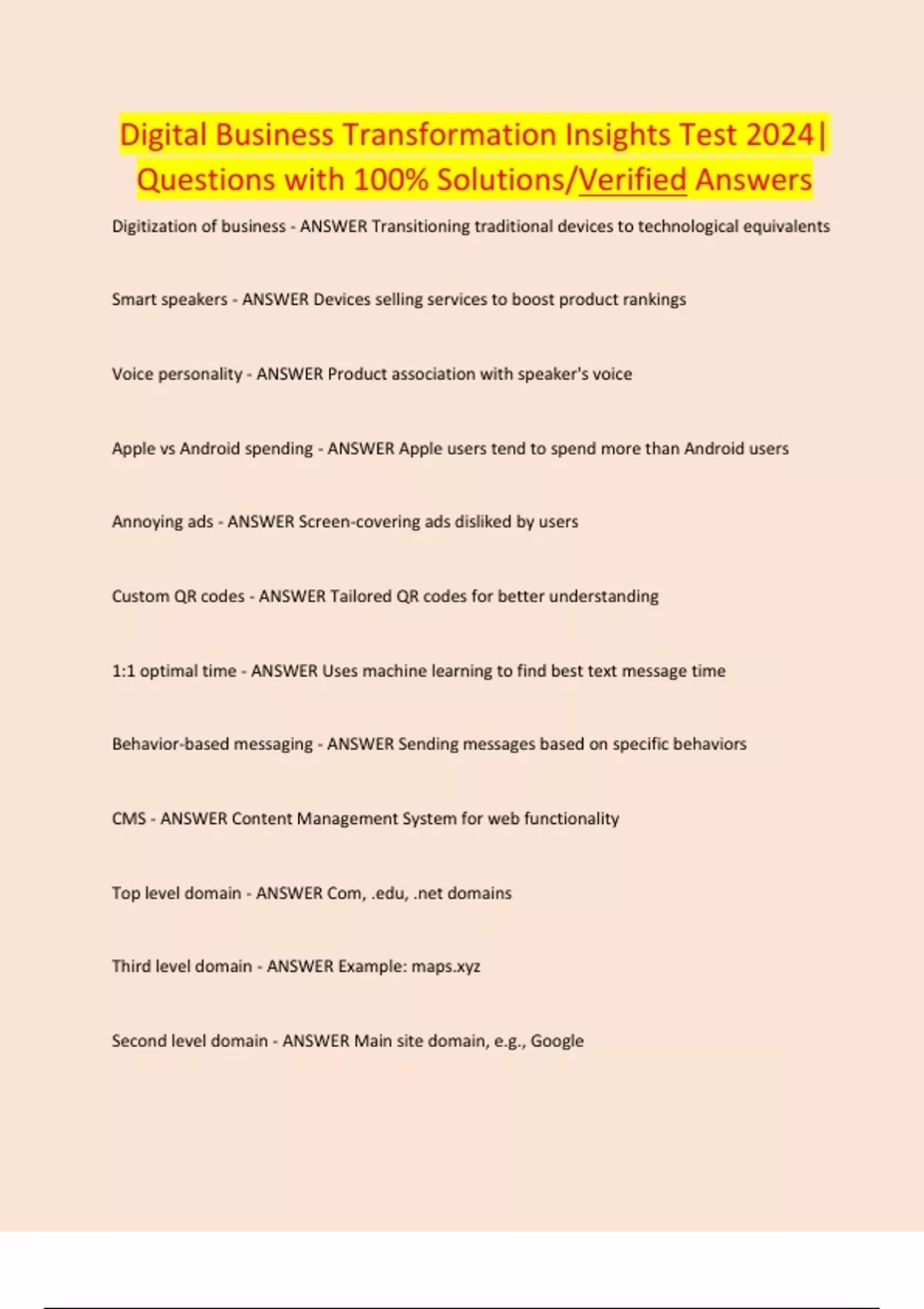 Digital Business Transformation Insights Test 2024| Questions with 100% ...