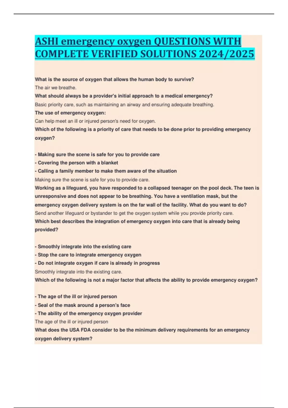 ASHI emergency oxygen QUESTIONS WITH COMPLETE VERIFIED SOLUTIONS 2024/ ...