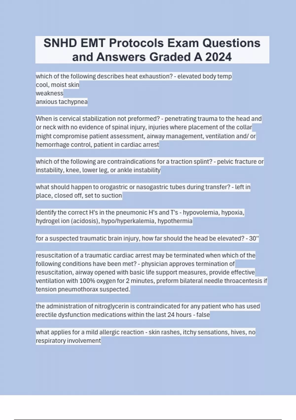 SNHD EMT Protocols Exam Questions and Answers Graded A 2024 - SNHD EMT ...