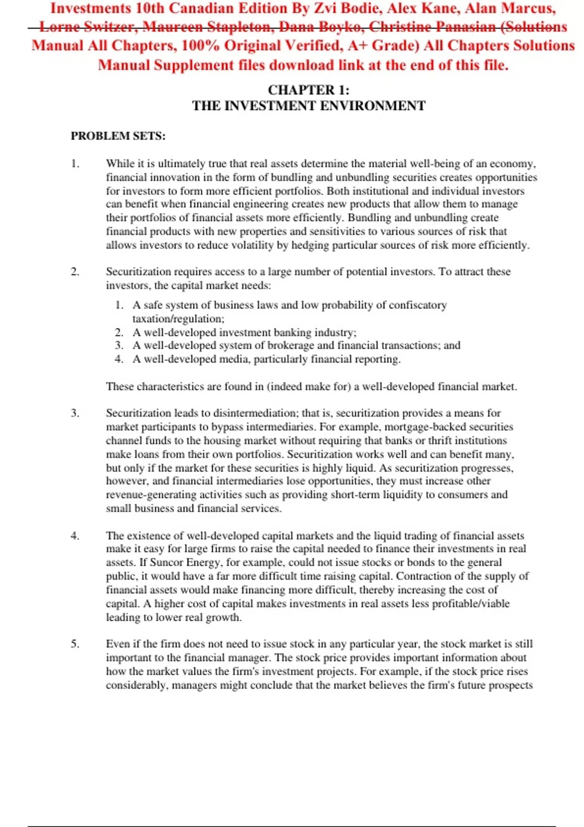 Solutions Manual for Investments 10th Canadian Edition By Zvi Bodie ...