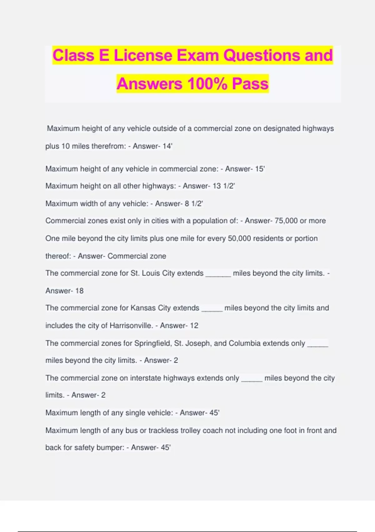 Class E License Exam Questions and Answers 100% Pass - Missouri Class E Driver\'s License ...