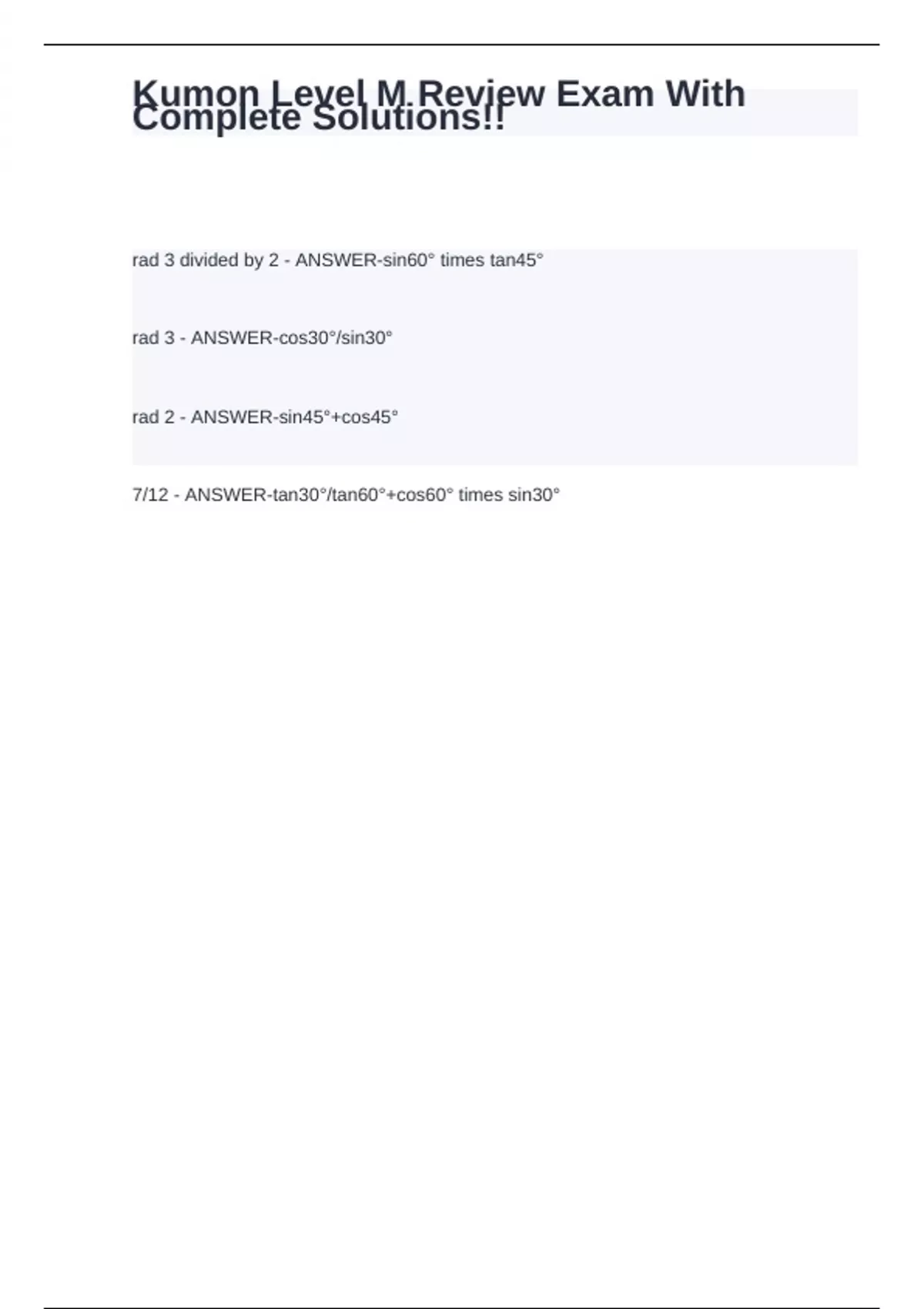 Kumon Level M Review Exam With Complete Solutions!! - Kumon Level M - Stuvia US