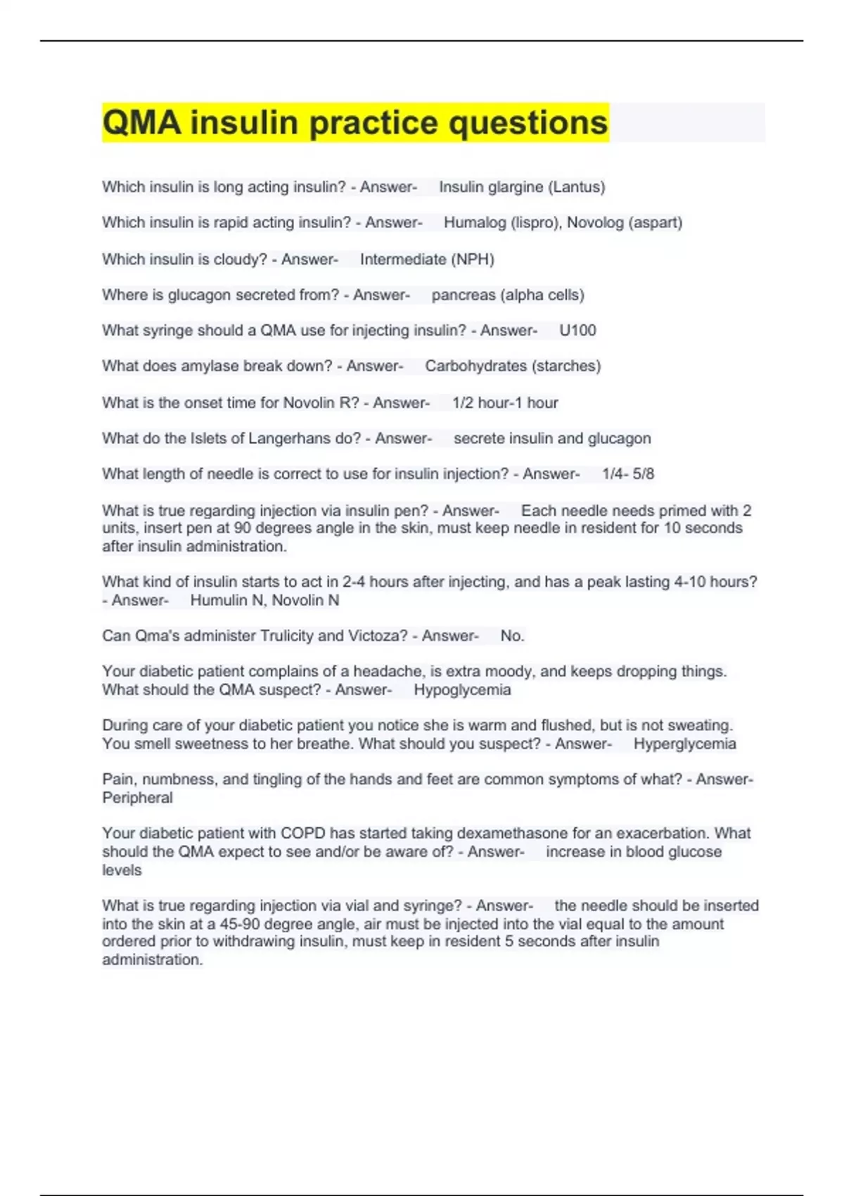 QMA insulin practice questions and answers - QMA insulin practice ...