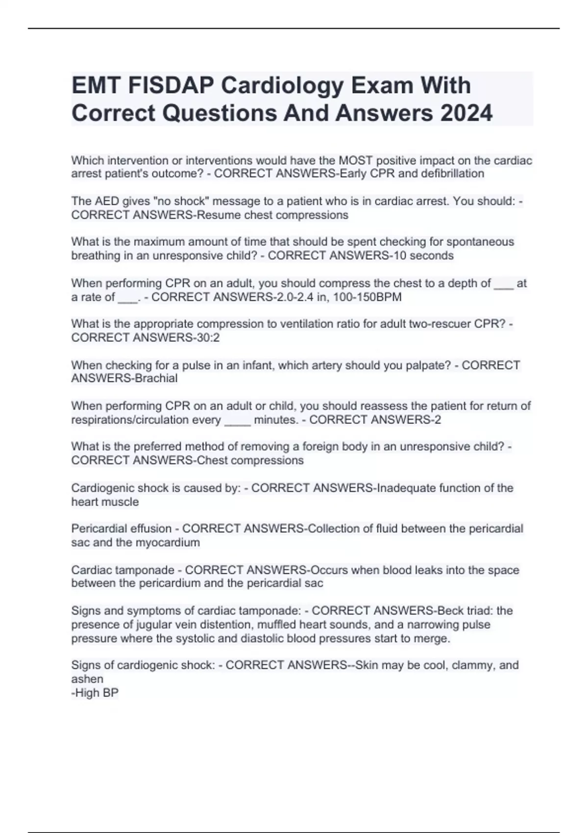 EMT FISDAP Cardiology Exam With Correct Questions And Answers 2024 - EMT FISDAP Cardiology ...