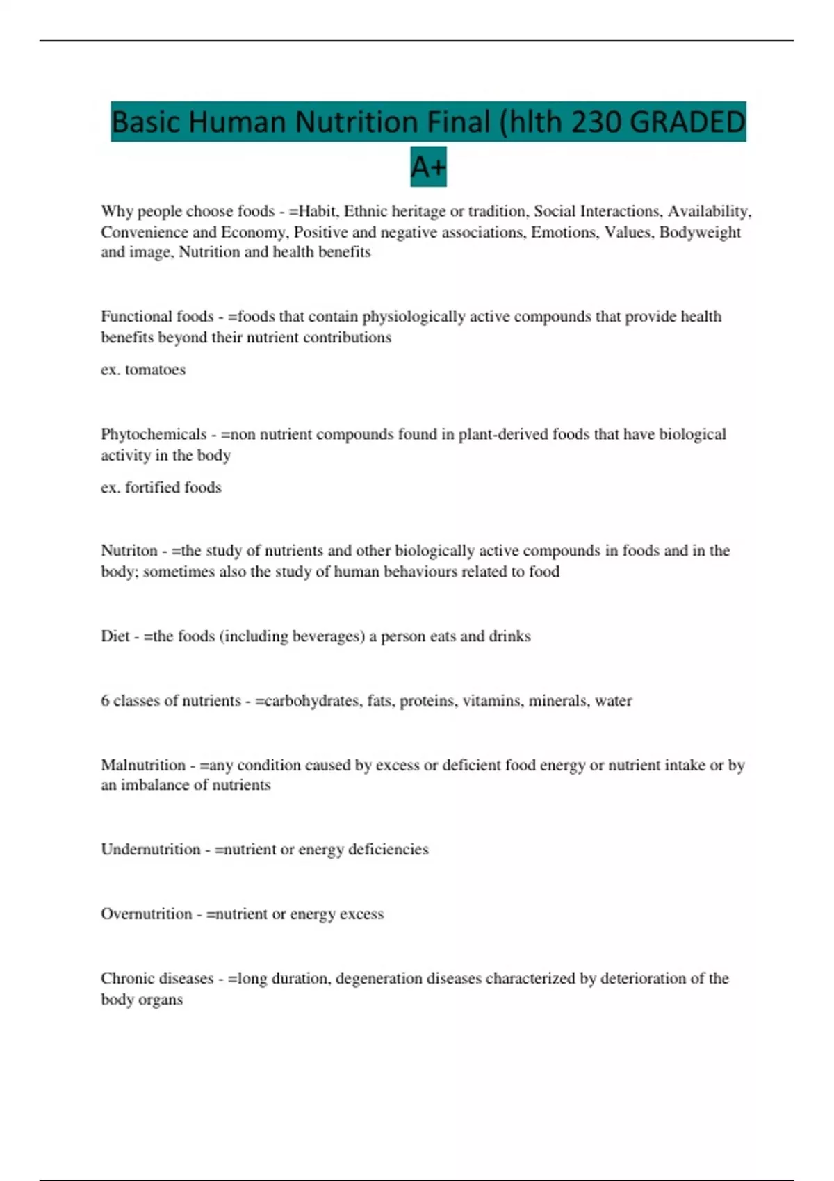 Basic Human Nutrition Final (hlth 230 GRADED A+ - Basic Human Nutrition ...