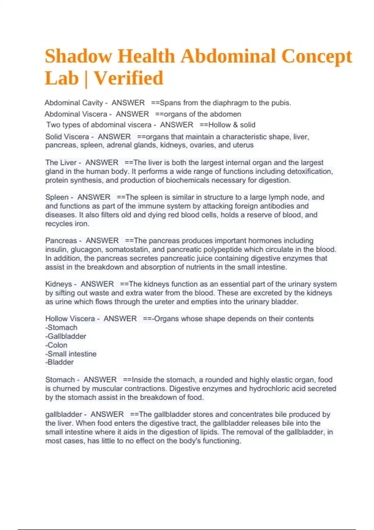 Shadow Health Abdominal Concept Lab | 100% Verified. - Shadow Health ...