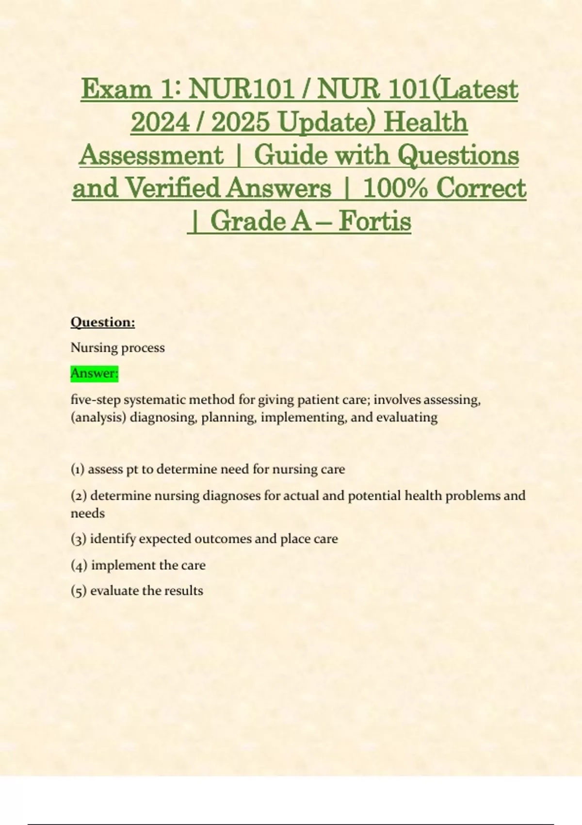 Exam 1: NUR101 / NUR 101 (Latest 2024 / 2025 Update) Health Assessment ...