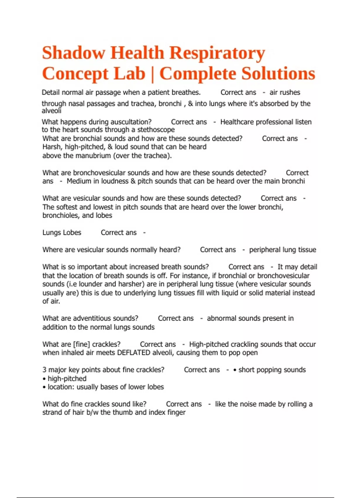 Shadow Health Respiratory Concept Lab | Complete Solutions | 100% ...