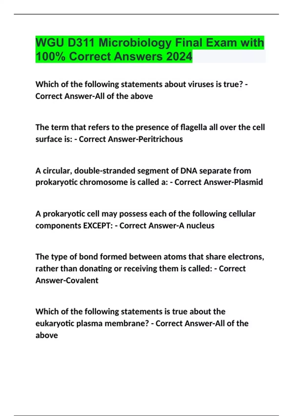 WGU D311 Microbiology Final Exam with 100% Correct Answers 2024 - WGU ...