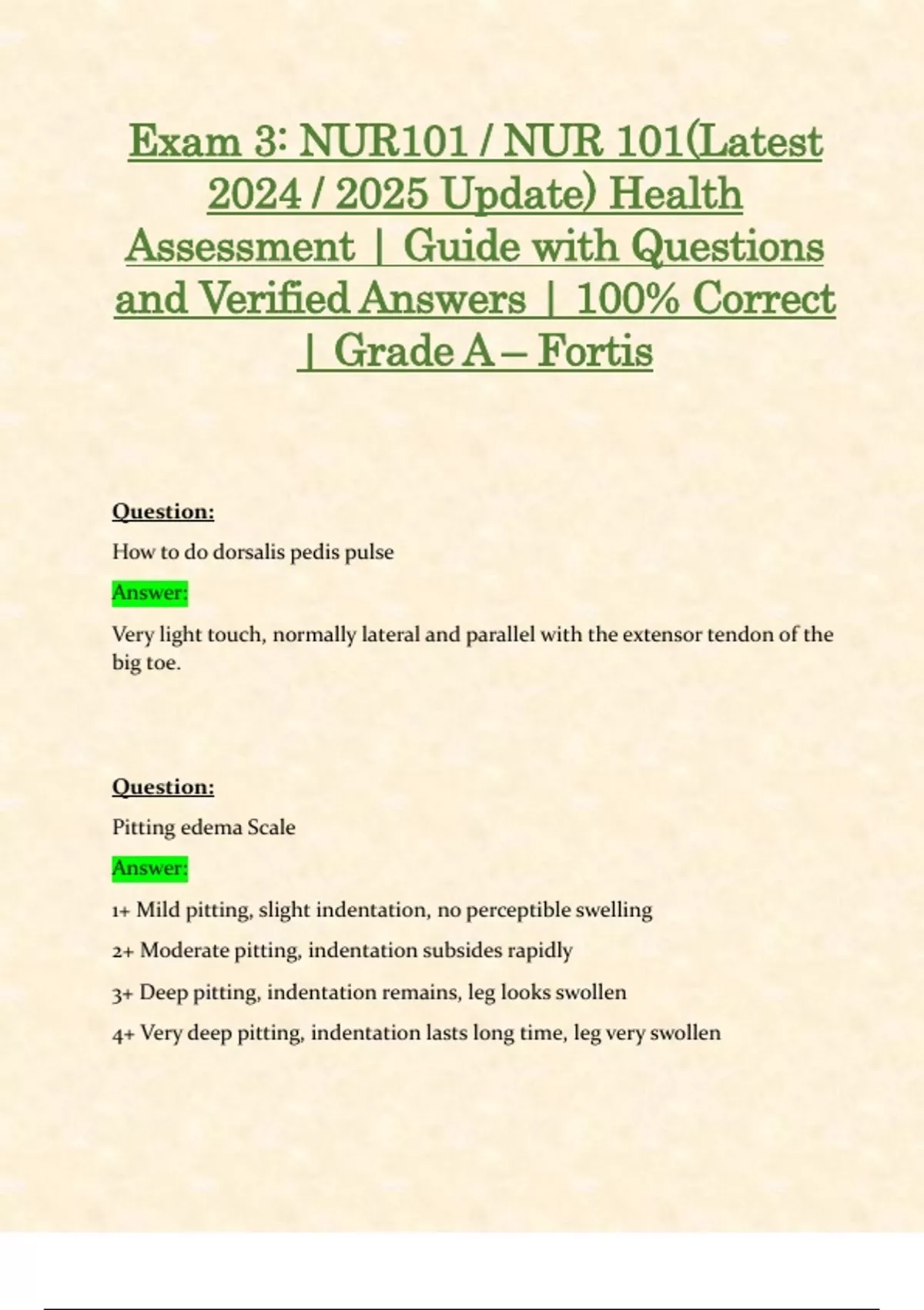 Exam 3: NUR101 / NUR 101 (Latest 2024 / 2025 Update) Health Assessment ...
