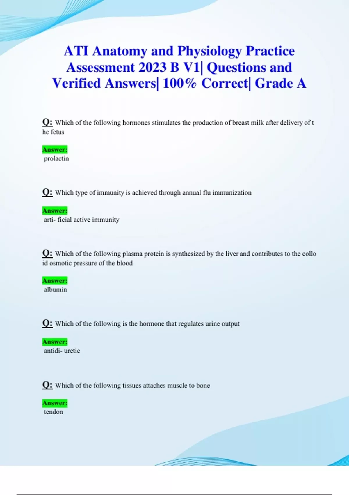 ATI Anatomy and Physiology Practice Assessment 2023 B V1| Questions and ...