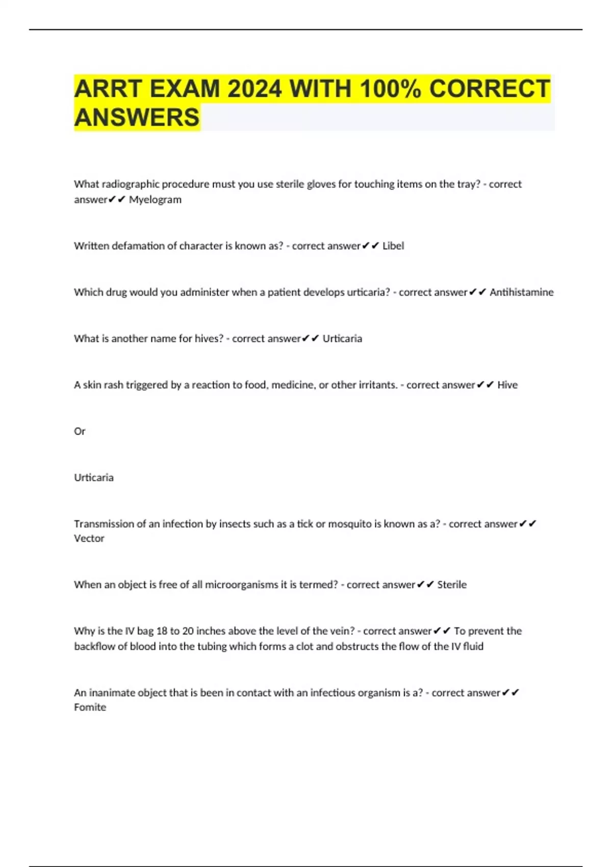ARRT EXAM 2024 WITH 100% CORRECT ANSWERS - ARRT - Stuvia US