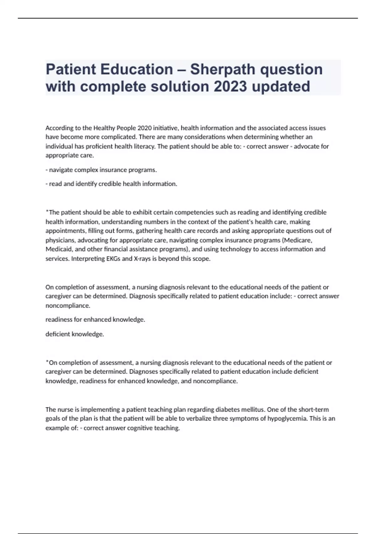Patient Education – Sherpath question with complete solution 2023 ...