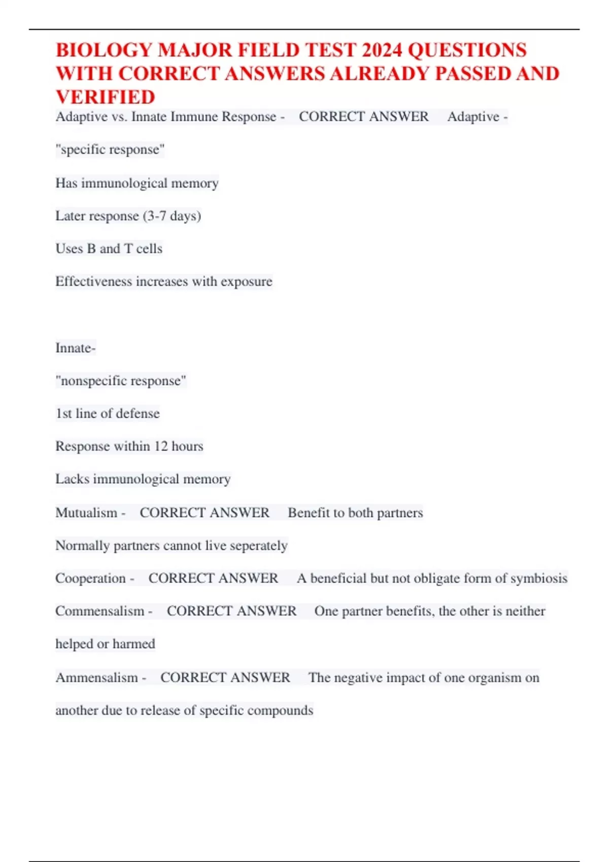 BIOLOGY MAJOR FIELD TEST 2024 QUESTIONS WITH CORRECT ANSWERS ALREADY ...