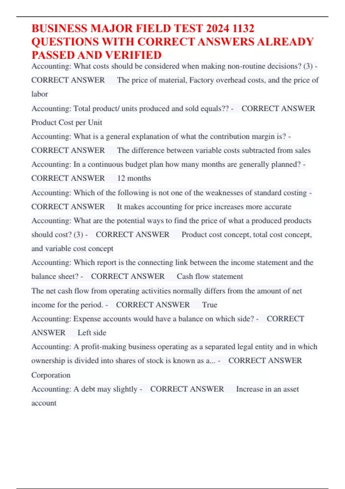 BUSINESS MAJOR FIELD TEST QUESTIONS WITH CORRECT ANSWERS ALREADY PASSED ...