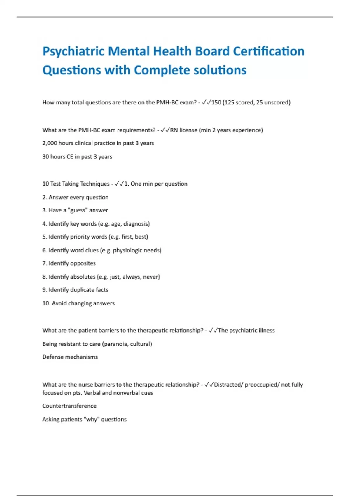 Psychiatric Mental Health Board Certification Questions with Complete ...