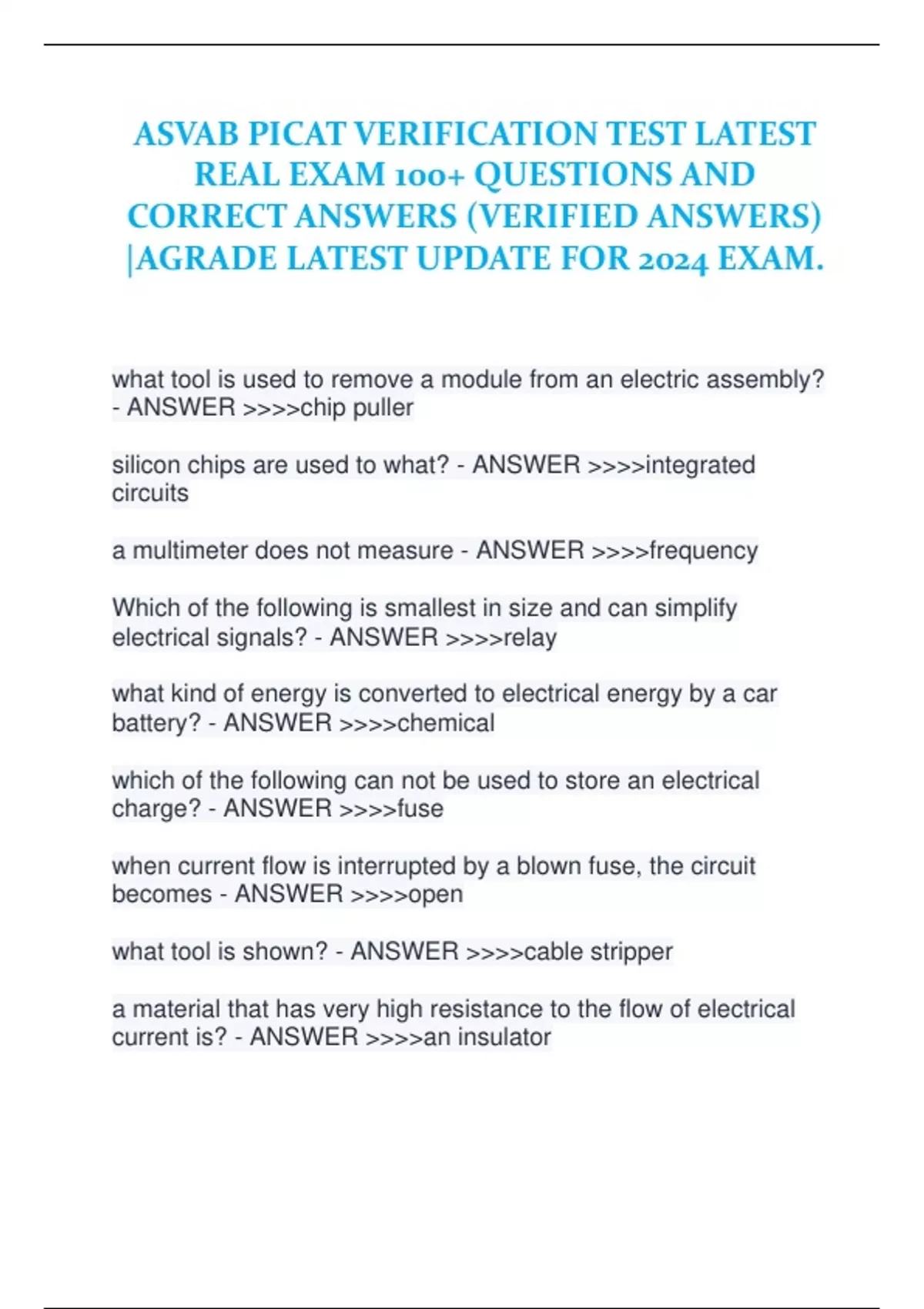 ASVAB PICAT VERIFICATION TEST LATEST REAL EXAM 100+ QUESTIONS AND ...