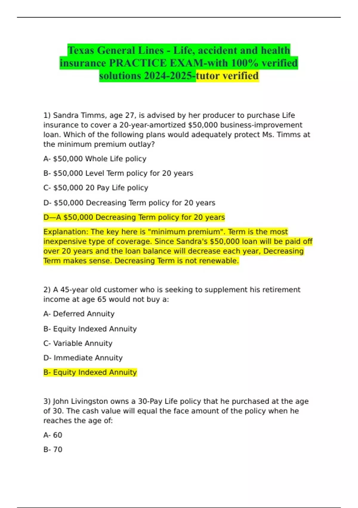 Texas General Lines - Life, accident and health insurance PRACTICE EXAM ...