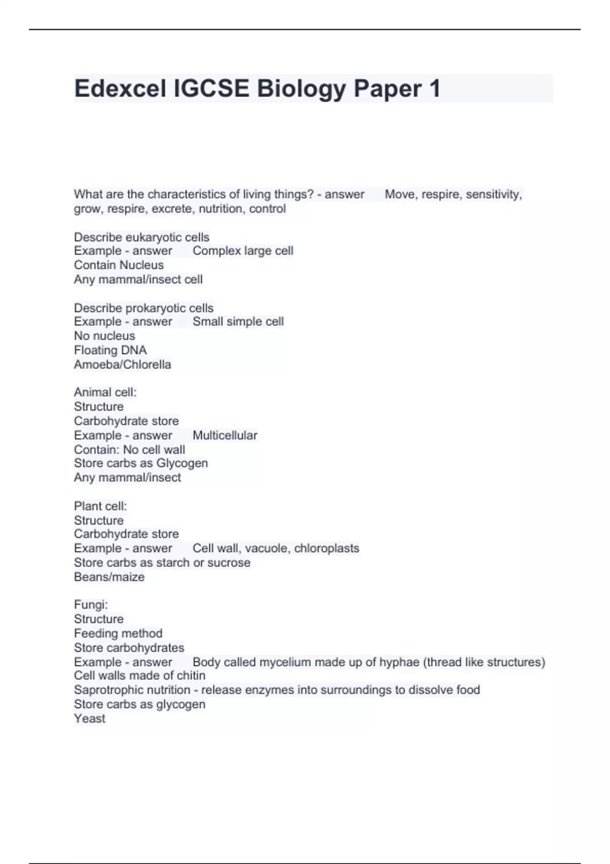 Edexcel IGCSE Biology Paper 1 Questions and Answers 100% Verified ...