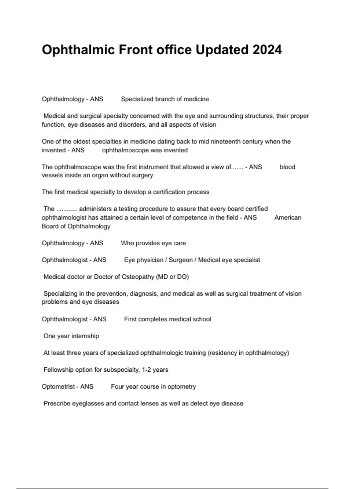 Ophthalmic Front office Updated 2024 Questions And Answers - Ophthalmic ...