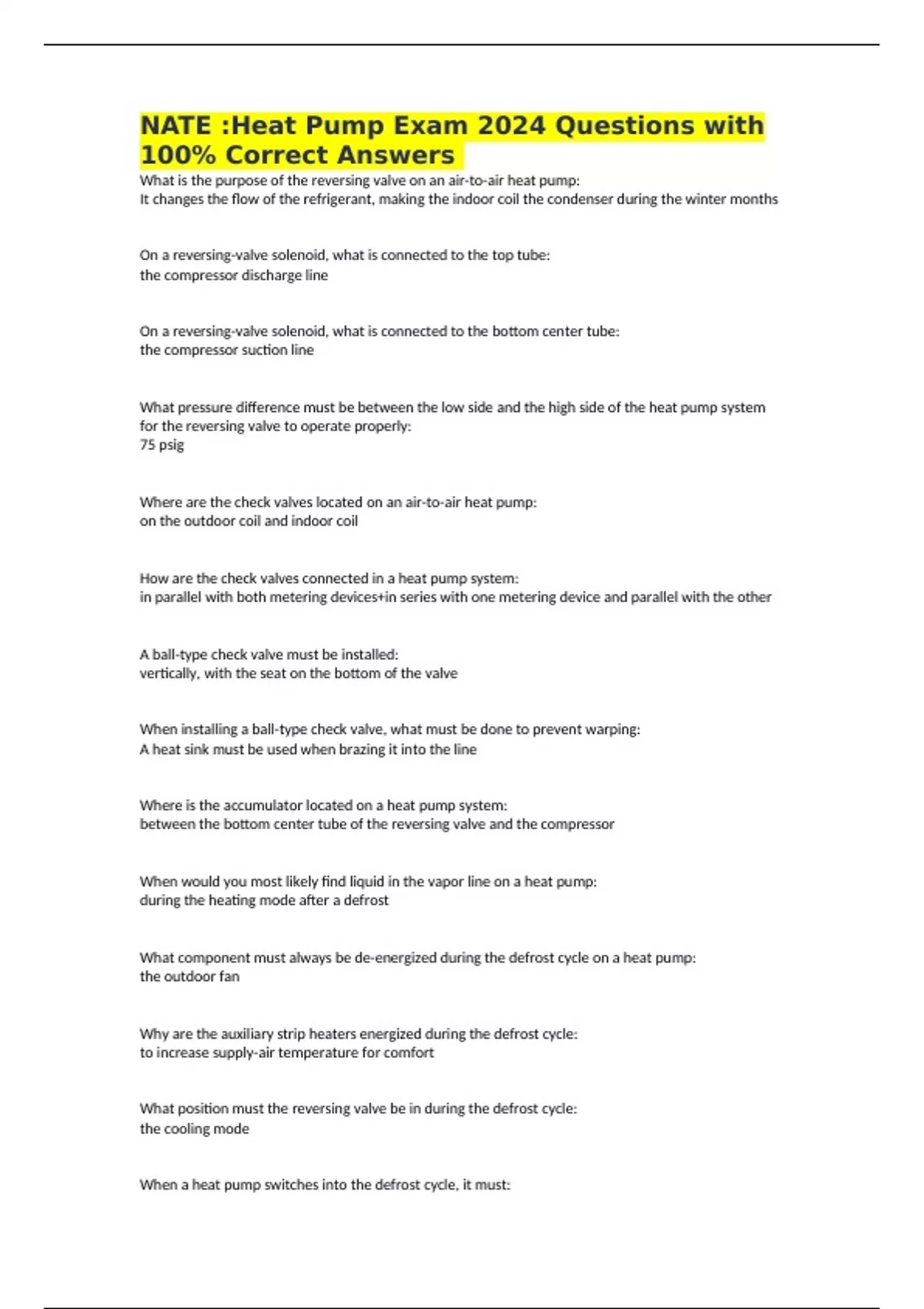 NATE :Heat Pump Exam 2024 Questions with 100% Correct Answers - NATE ...