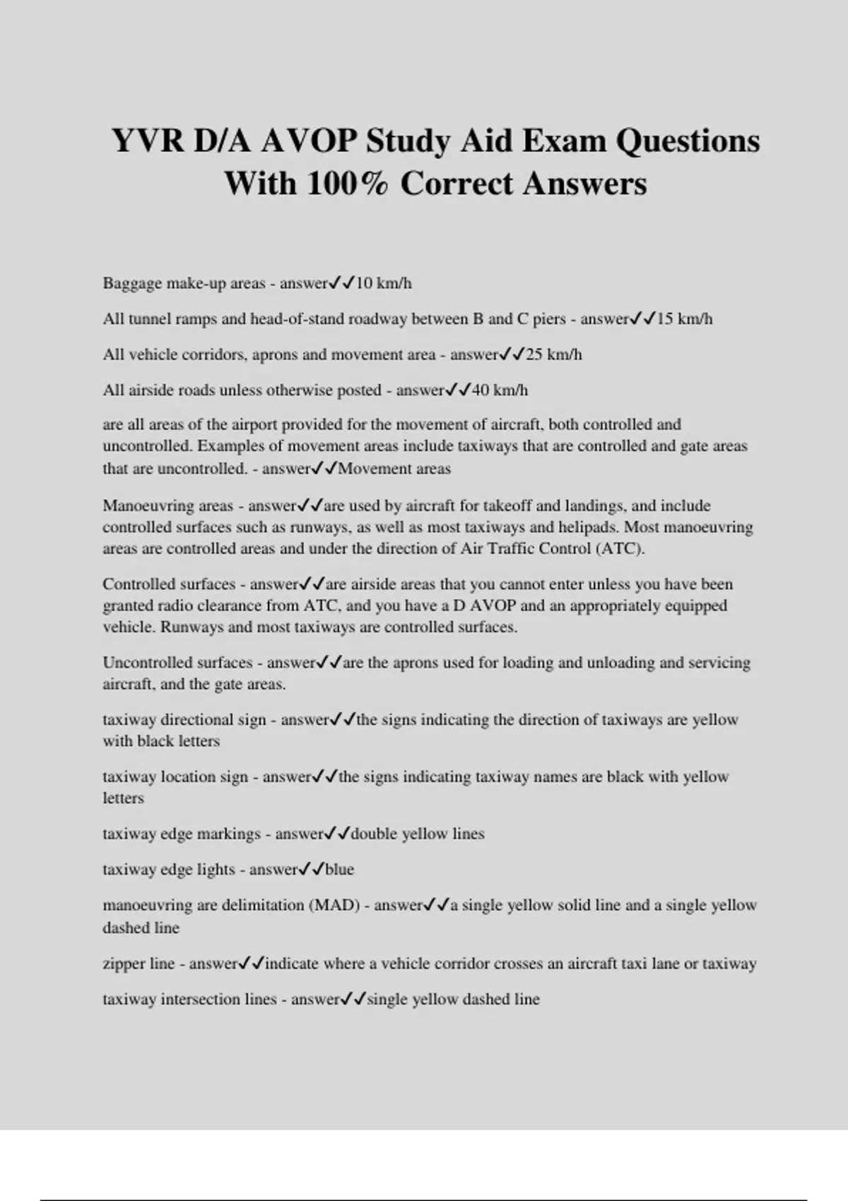 YVR D/A AVOP Study Aid Exam Questions With 100% Correct Answers - YVR AVOP - Stuvia US