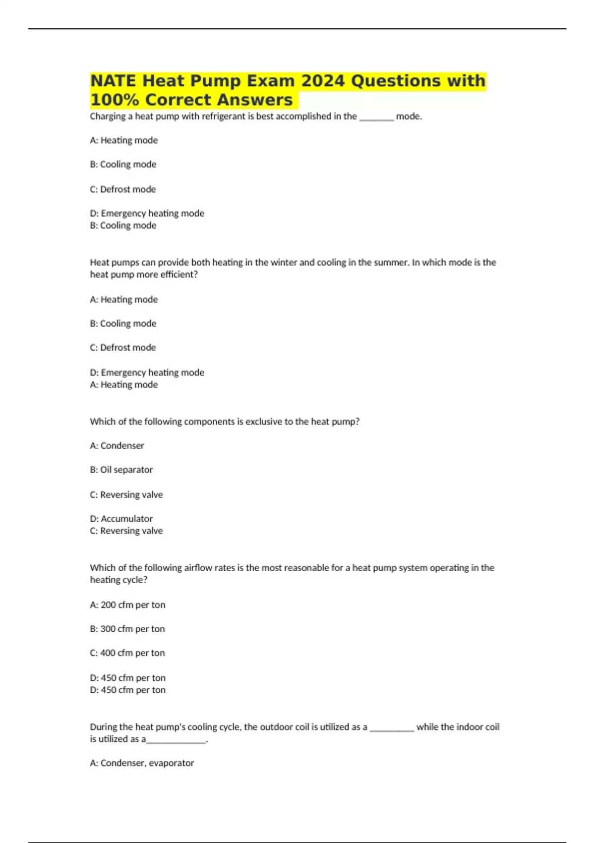 NATE Heat Pump Exam 2024 Questions with 100% Correct Answers - NATE ...