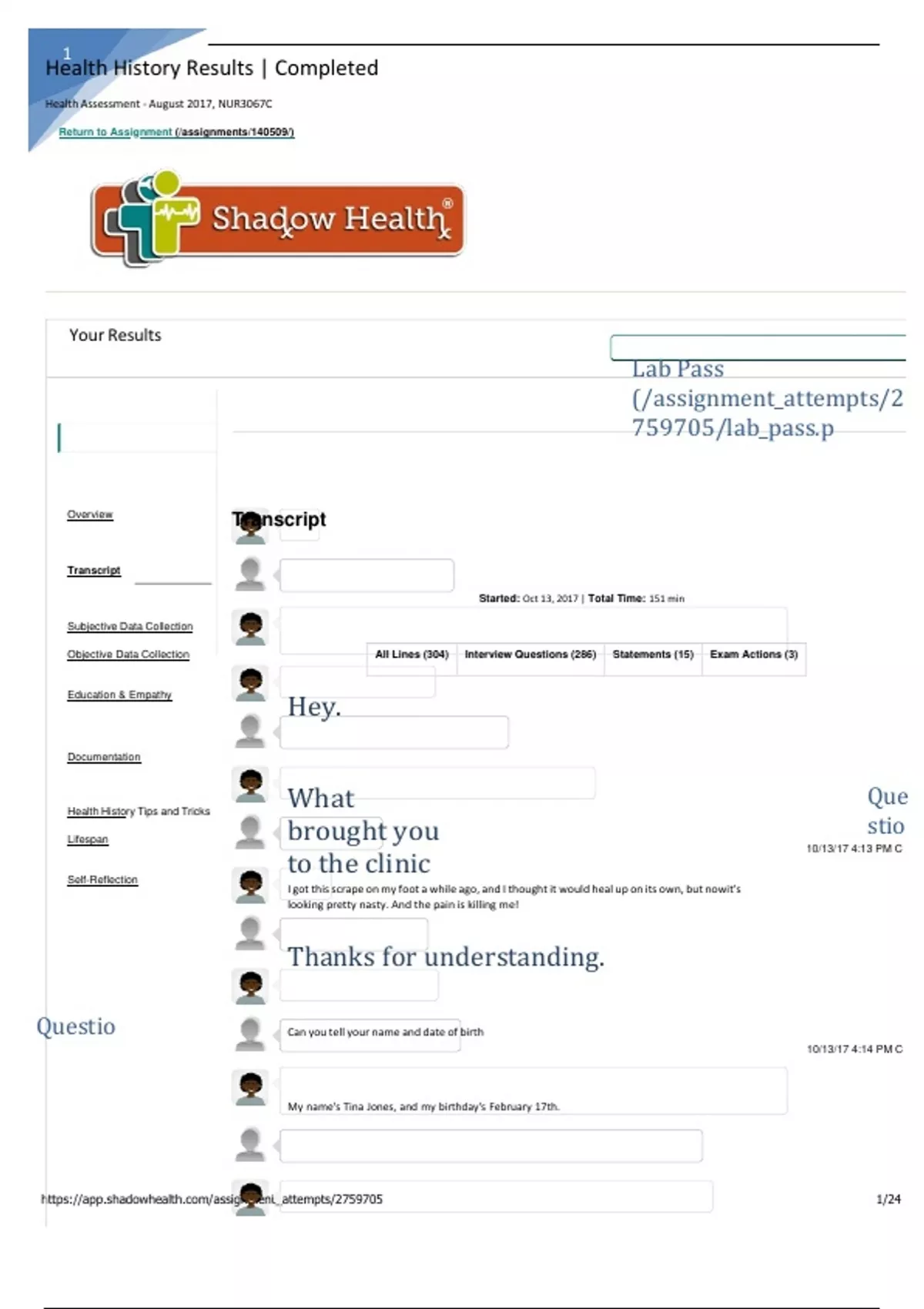 Exam Health History _ Completed _ Shadow Health Tina Jones Transcript ...