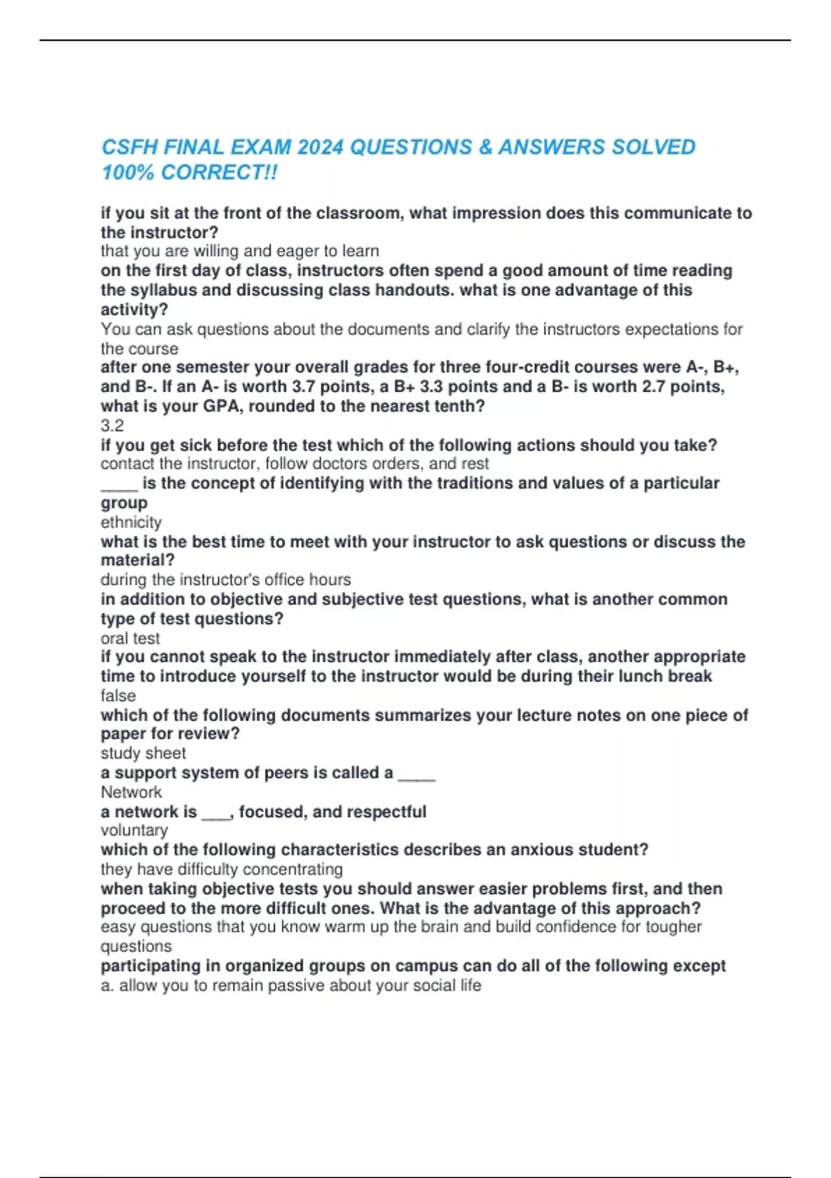 CSFH FINAL EXAM 2024 QUESTIONS & ANSWERS SOLVED 100% CORRECT!!CSFH ...