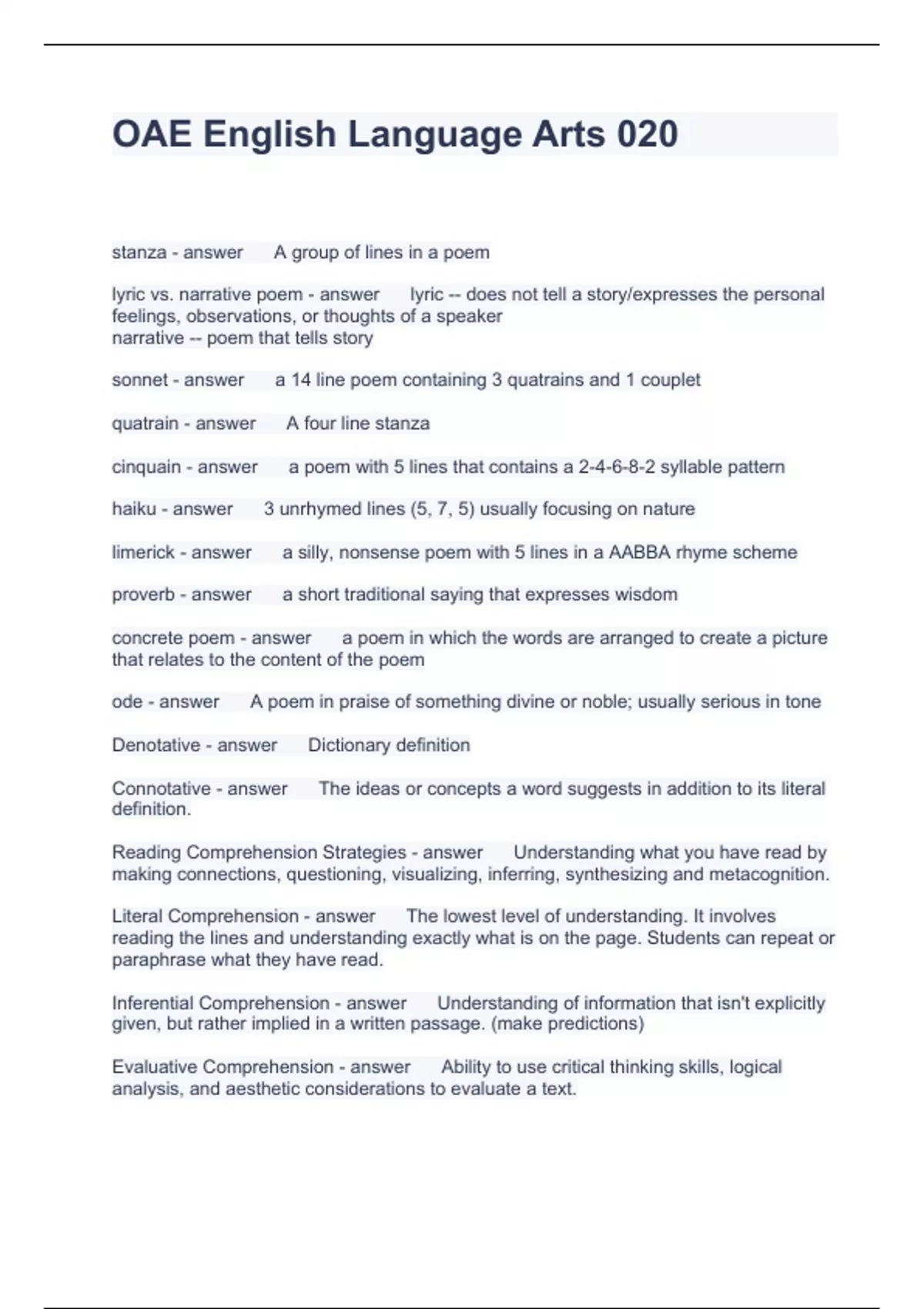 OAE English Language Arts 020 Questions and Answers 2024 - OAE - Stuvia US