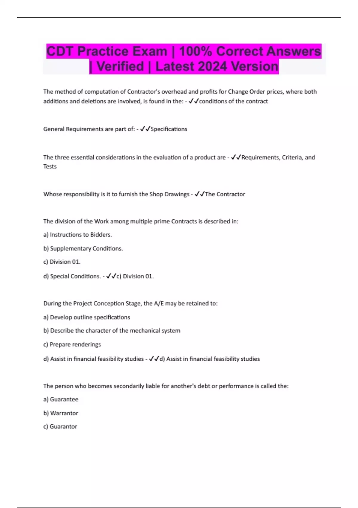 CDT Practice Exam | 100% Correct Answers | Verified | Latest 2024 ...