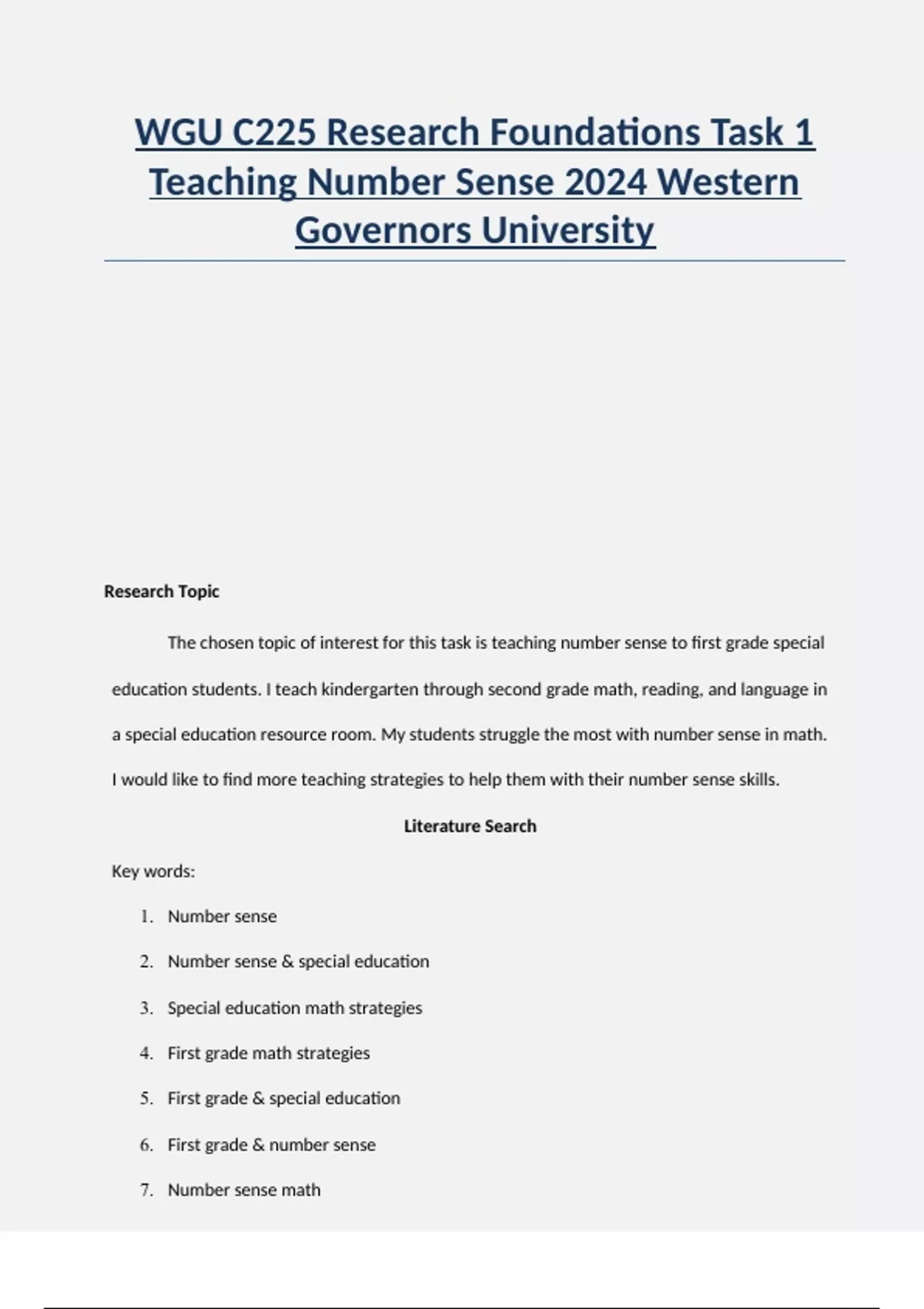 WGU C225| Research Foundations| Task 1| Teaching Number Sense 2024 ...