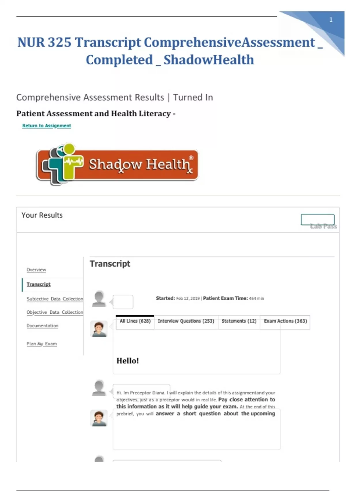 NUR 325 Transcript Comprehensive Assessment _ Completed _ Shadow Health - NUR 325 - Stuvia US