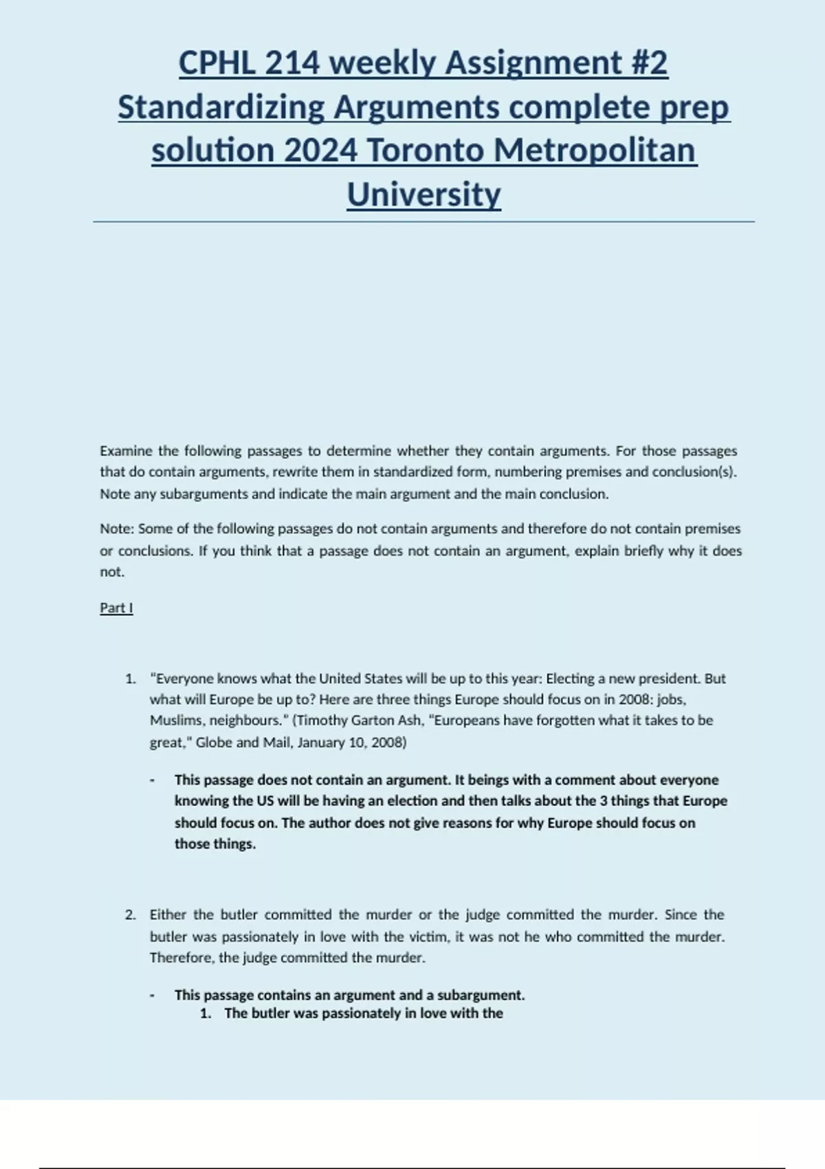 CPHL 214 |weekly Assignment #2| Standardizing Arguments complete prep solution 2024 Toronto ...