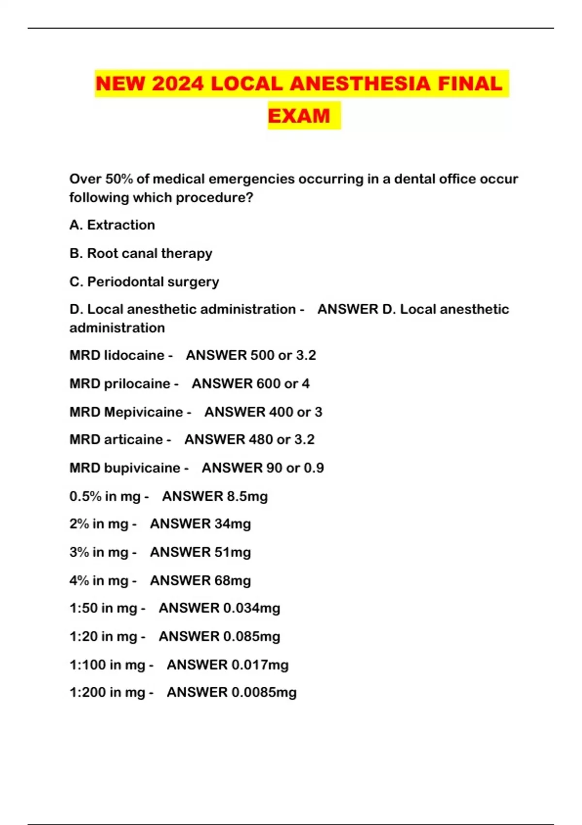 NEW 2024 LOCAL ANESTHESIA FINAL EXAM - LOCAL ANESTHESIA - Stuvia US