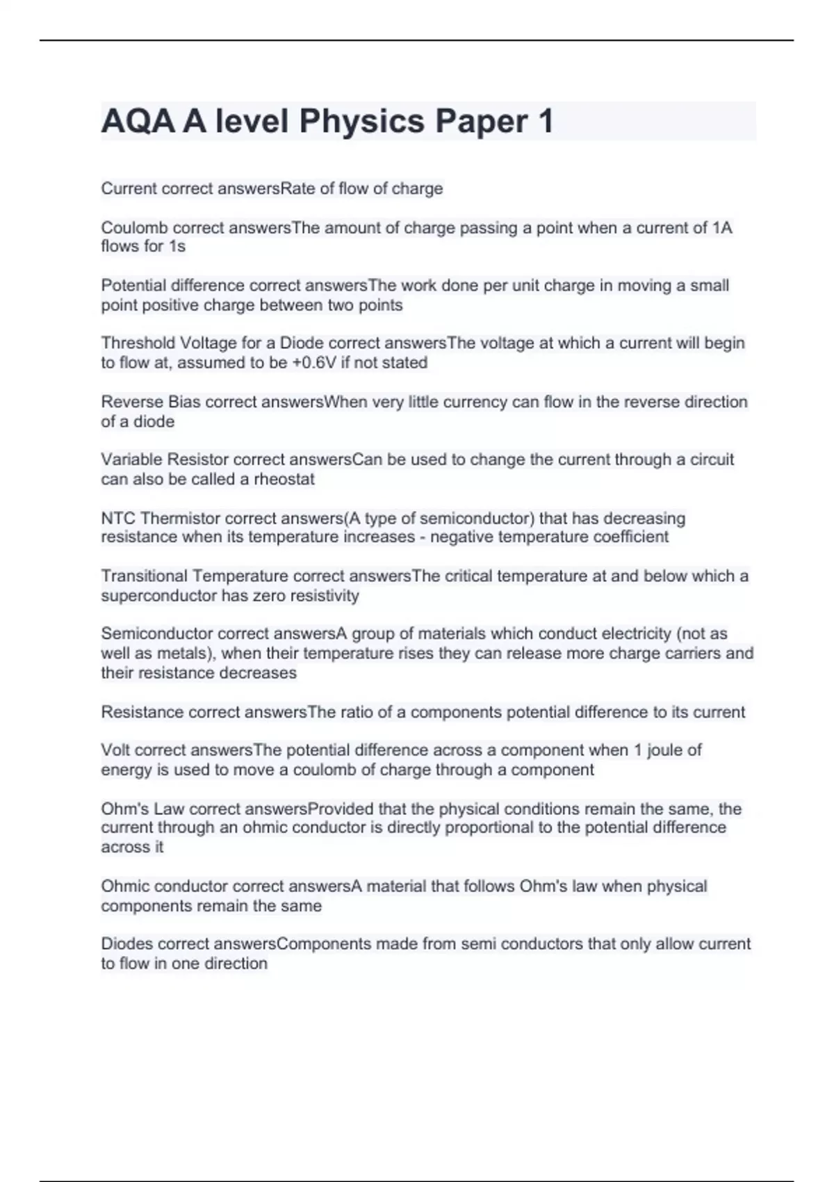 AQA A level Physics Paper 1 with 100% perfect answers 2024 - AQA A ...