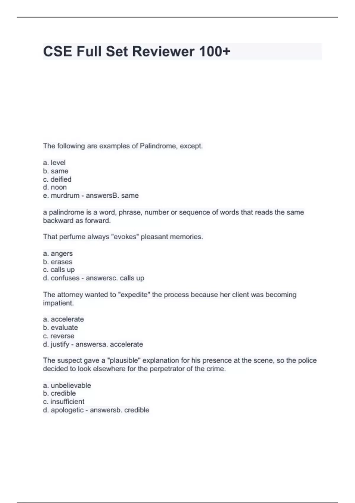 CSE Full Set Reviewer 100 questions with correct answers - Cse - Stuvia US
