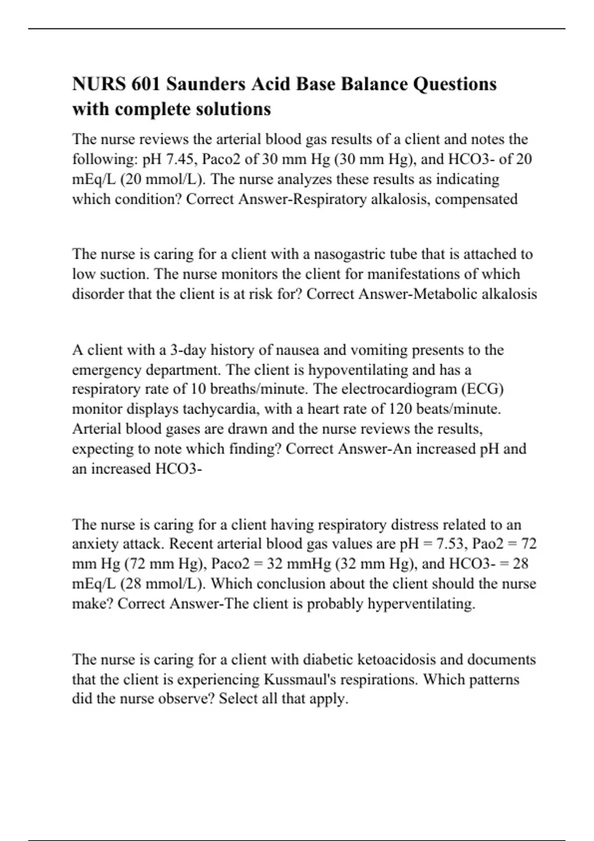 NURS 601 Saunders Acid Base Balance Questions with complete solutions ...