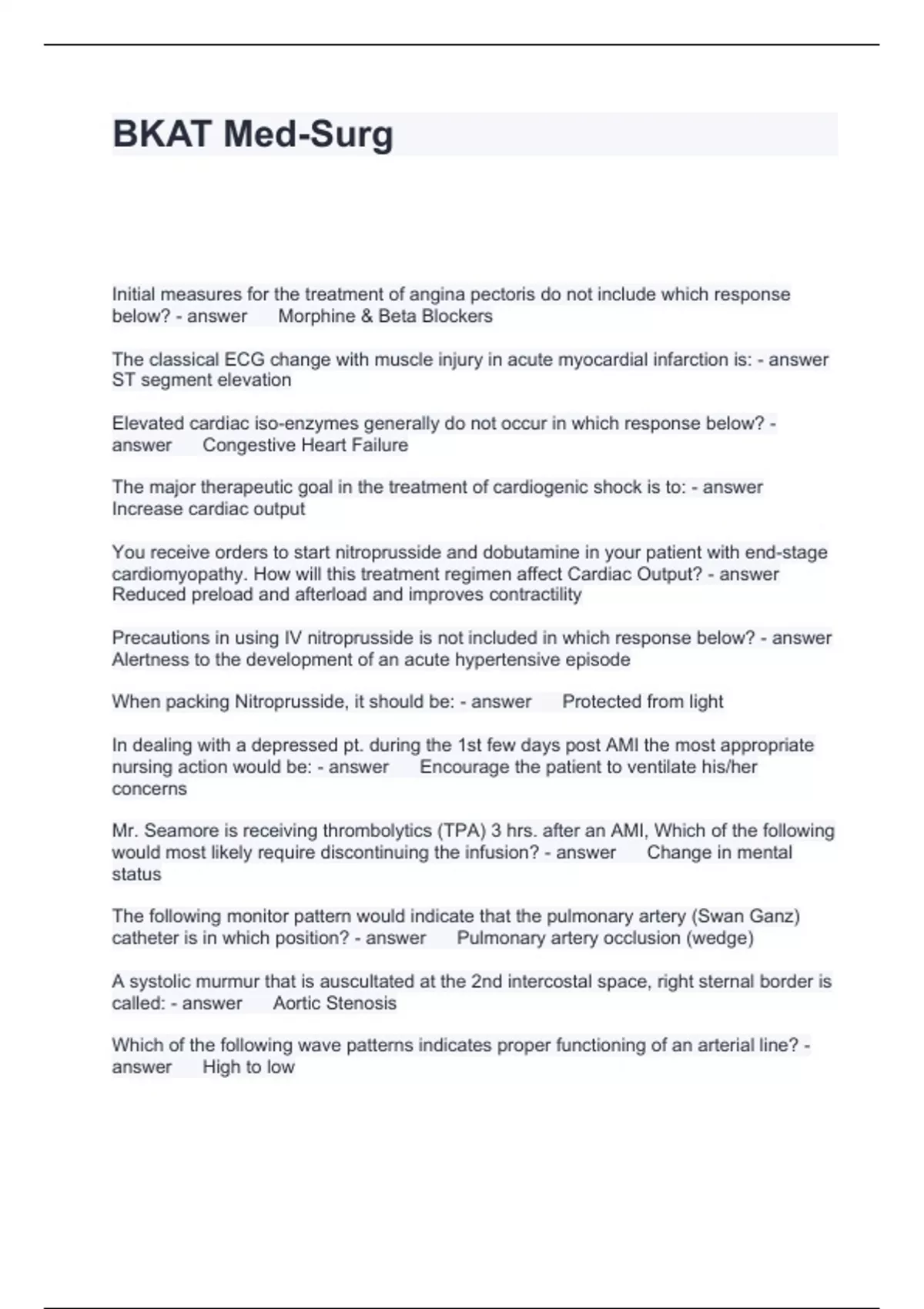 BKAT Med-Surg Questions with correct Answers 2024 - BKAT - Stuvia US
