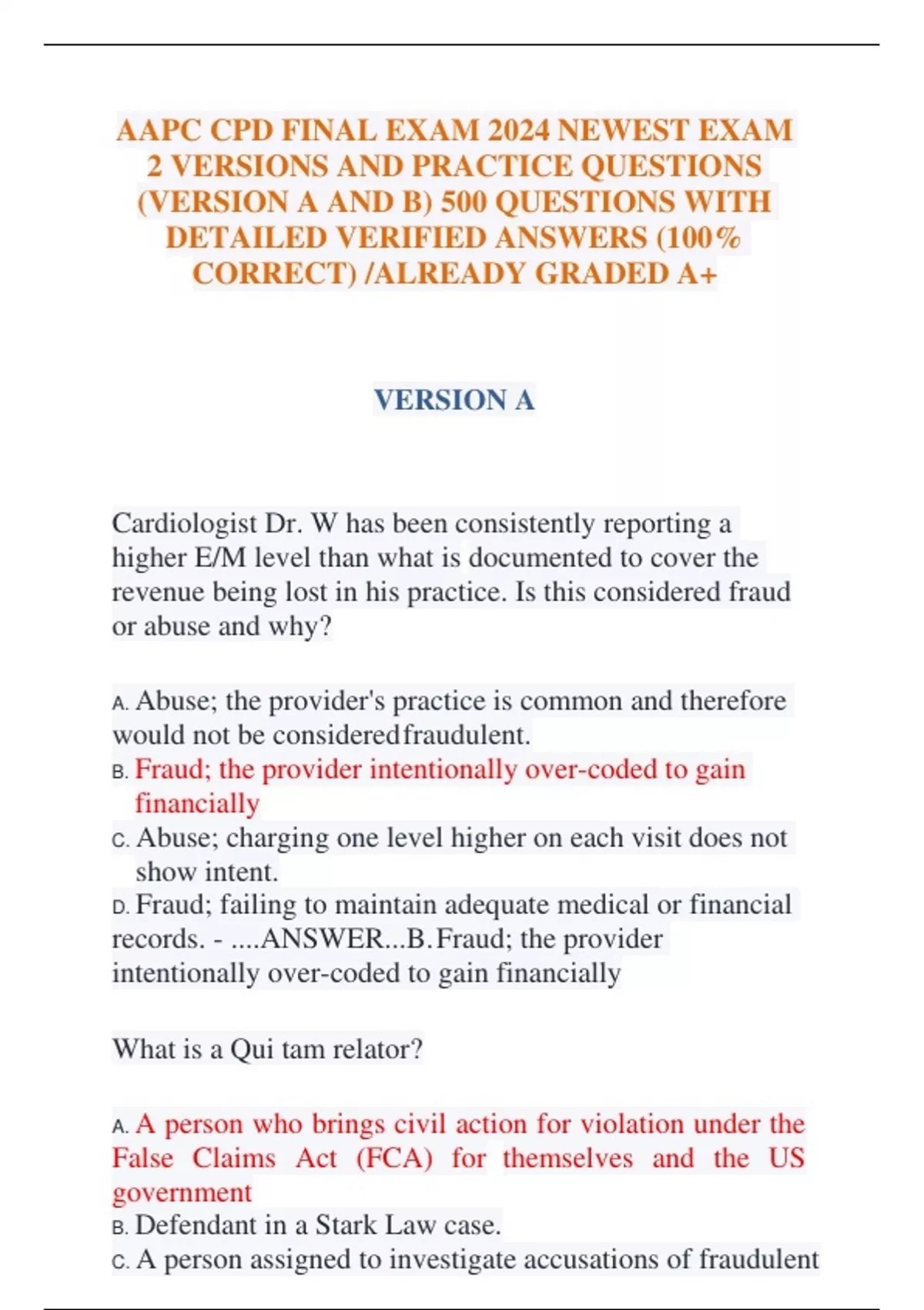 AAPC CPD FINAL EXAM 2024 NEWEST EXAM 2 VERSIONS AND PRACTICE QUESTIONS (VERSION A AND B) 500 ...