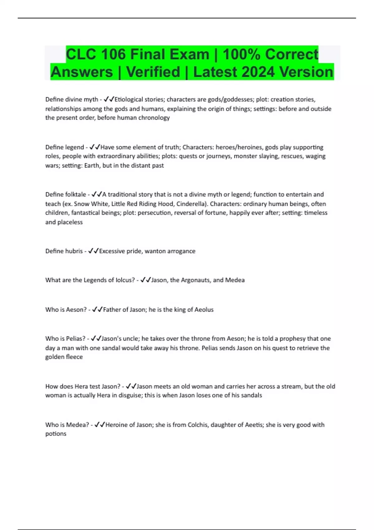 CLC 106 Final Exam | 100% Correct Answers | Verified | Latest 2024 ...