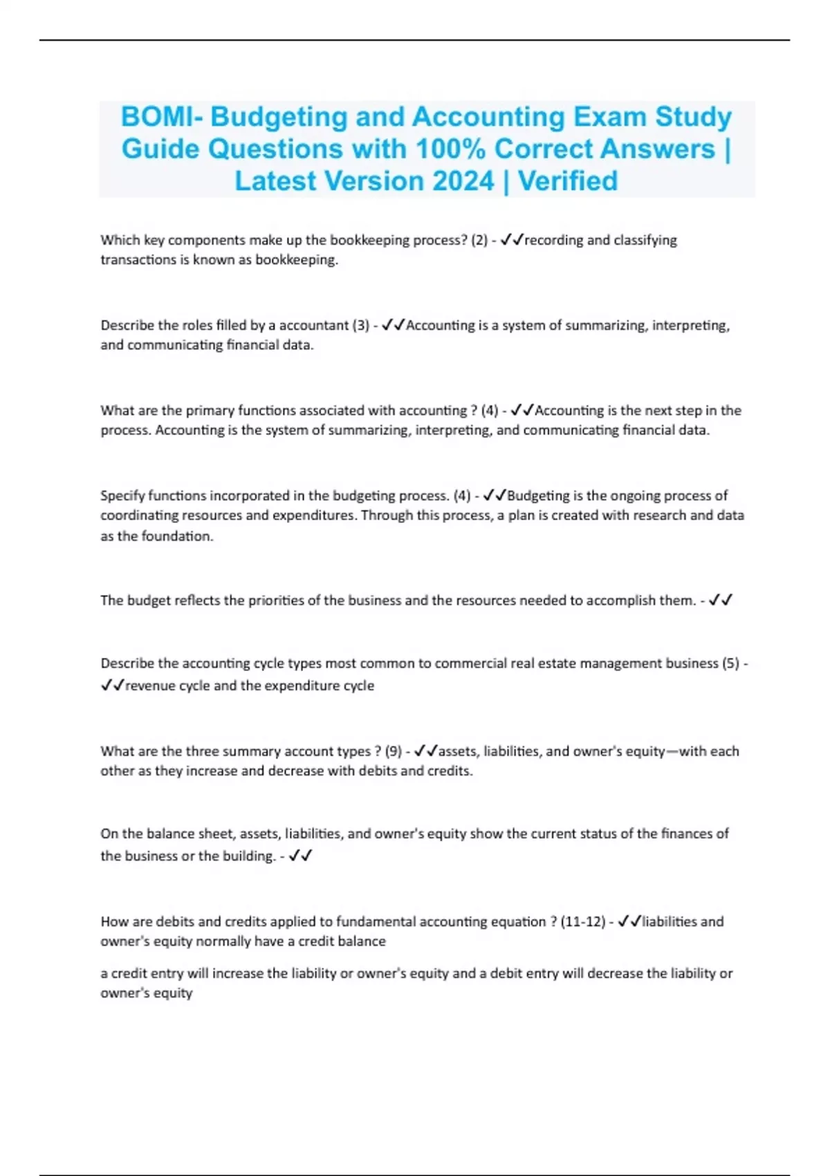 BOMI- Budgeting and Accounting Exam Study Guide Questions with 100% ...