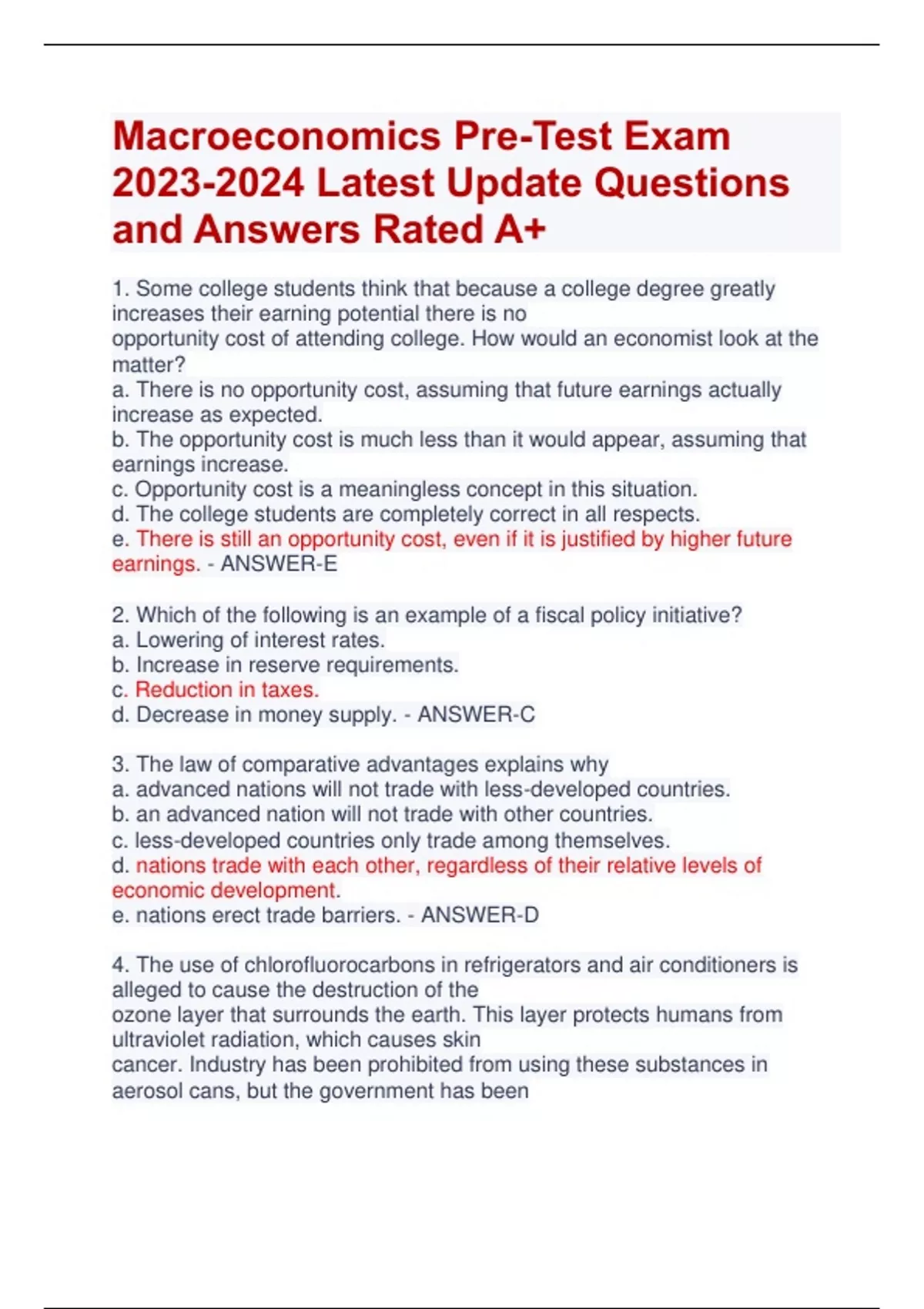 Macroeconomics Pre Test Exam Latest Update Questions And Answers Rated A Macroeconomics Pre